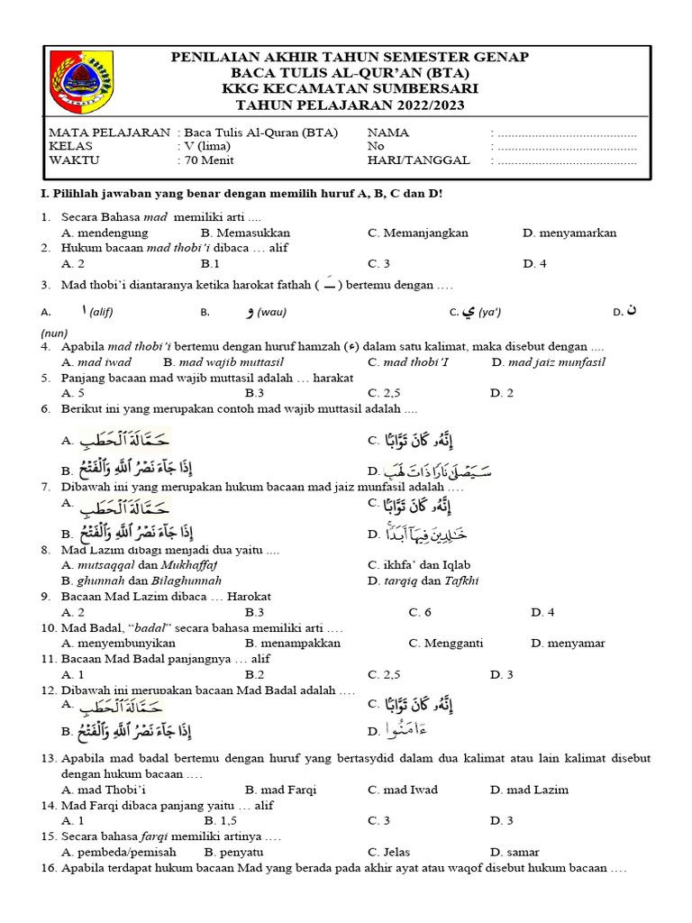 Soal BTA Kelas 5 (SMT Genap) | PDF