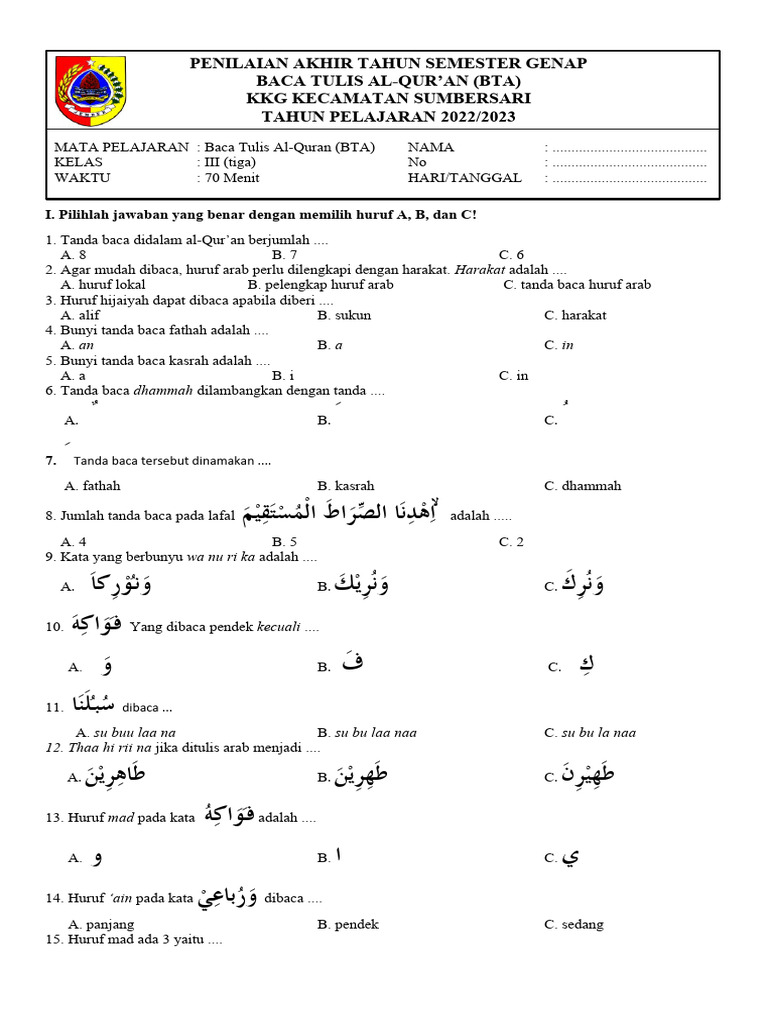 Soal BTA Kelas 3 (SMT Genap) | PDF