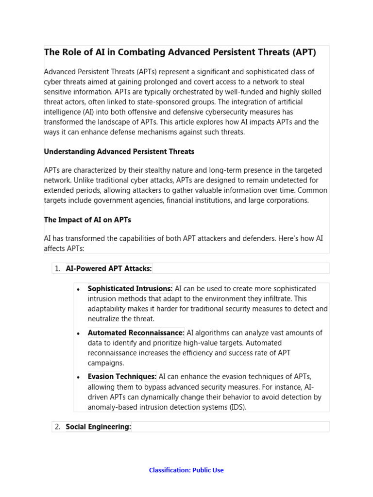 The Role of AI in Combating Advanced Persistent Threats (APT) | PDF ...