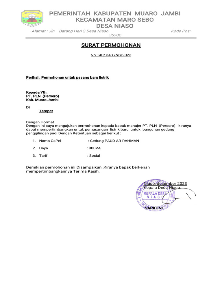 Surat Permohonan Pasang Listrik | PDF