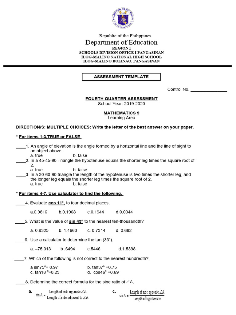 4th Quarter Grade 9 | Download Free PDF | Trigonometric Functions | Euclid