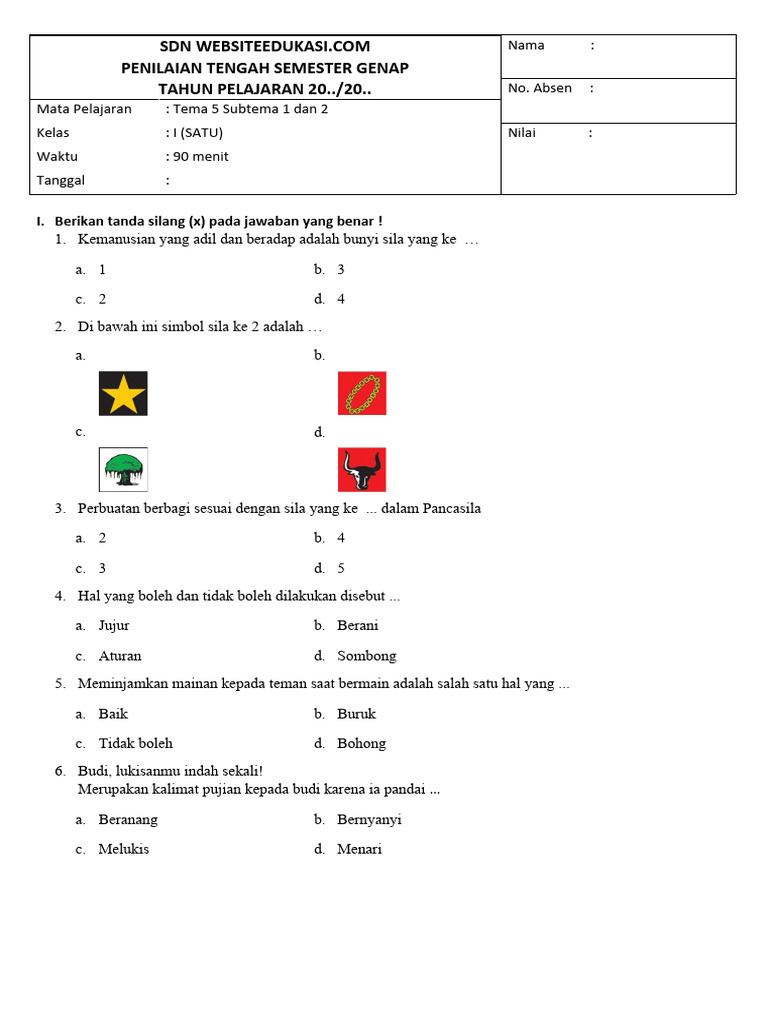 Soal PTS Kelas 1 Tema 5 Subtema 1 Dan 2 | PDF