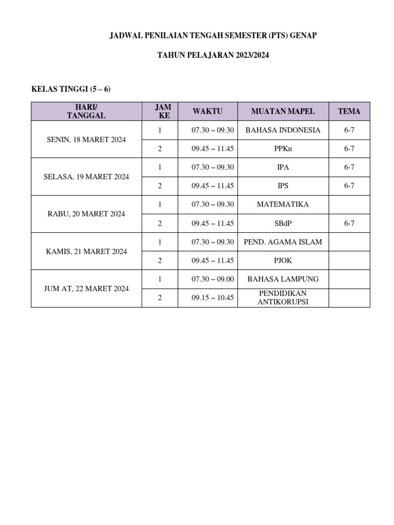 Jadwal PTS Genap Tp. 2023-2024 | PDF