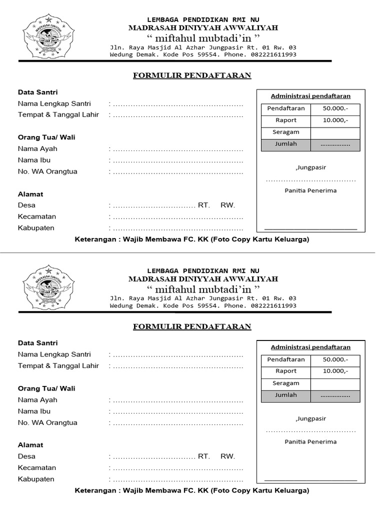 01 - Form Pendaftaran 1445-1446 H | PDF
