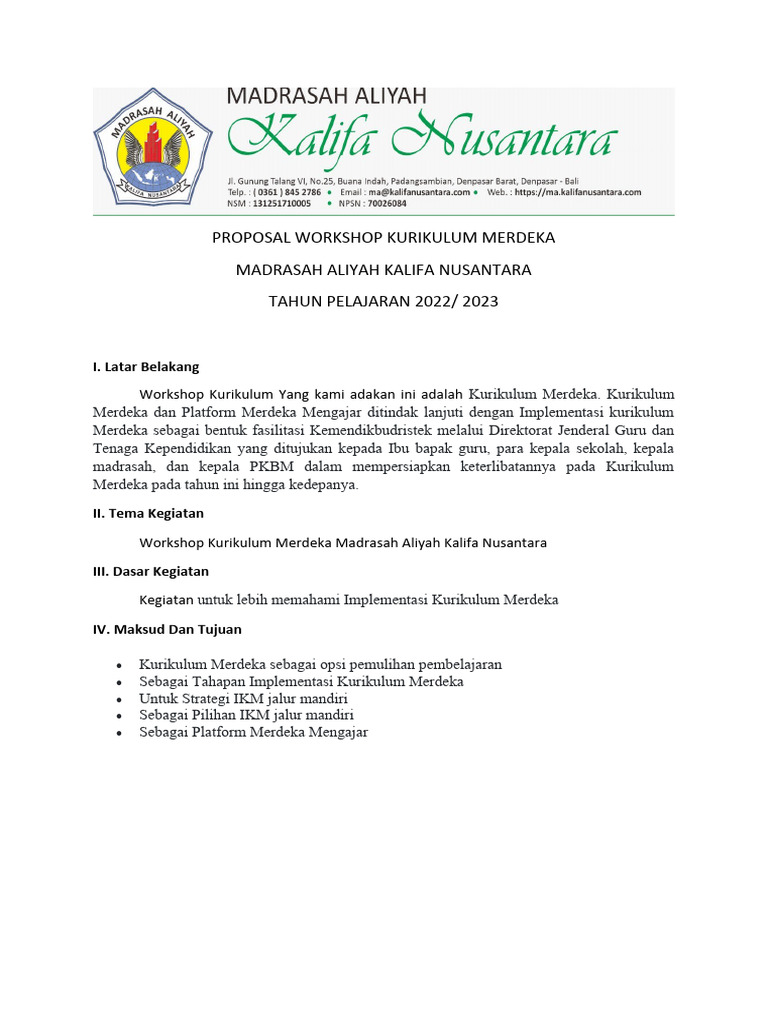 Proposal Workshop Kurikulum Merdeka | PDF