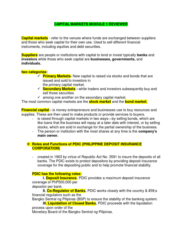 Capital Markets Module 1 Reviewer | PDF | Financial Markets ...