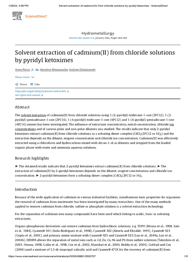 Solvent Extraction of Cadmium (II) From Chloride Solutions by Pyridyl ...