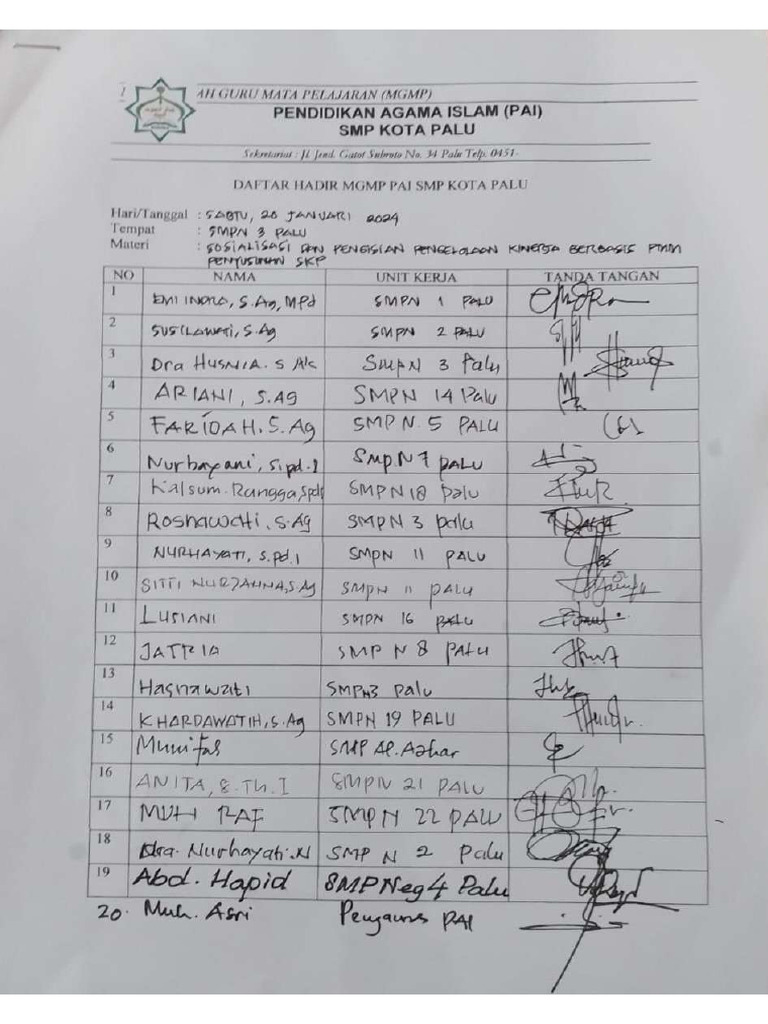 Daftar Hadir MGMP Pai | PDF