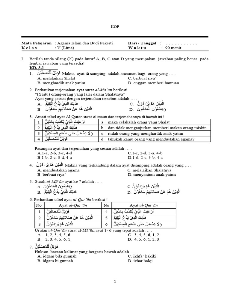 Soal Pat Pai KLS 5 2022 Revisi | PDF