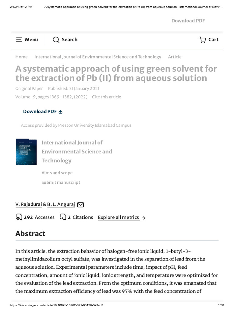 A Systematic Approach of Using Green Solvent For The Extraction of PB (II) From Aqueous Solution ...