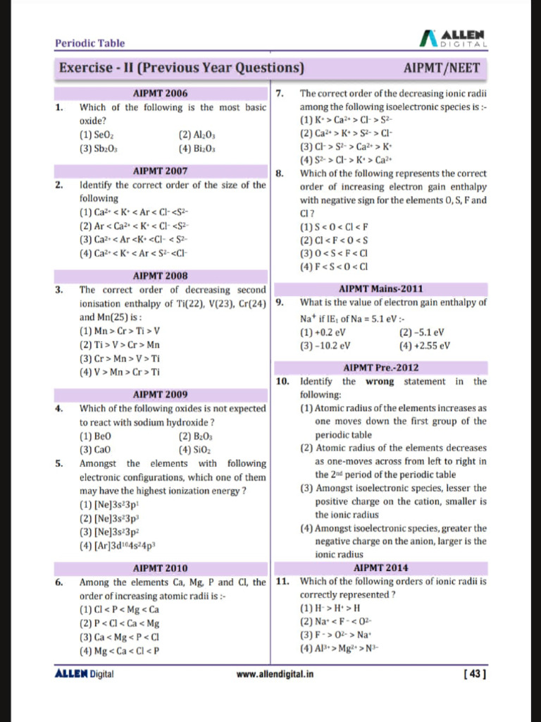 Periodic Table Pyq 2006-2022 | PDF | Periodic Table | Calcium