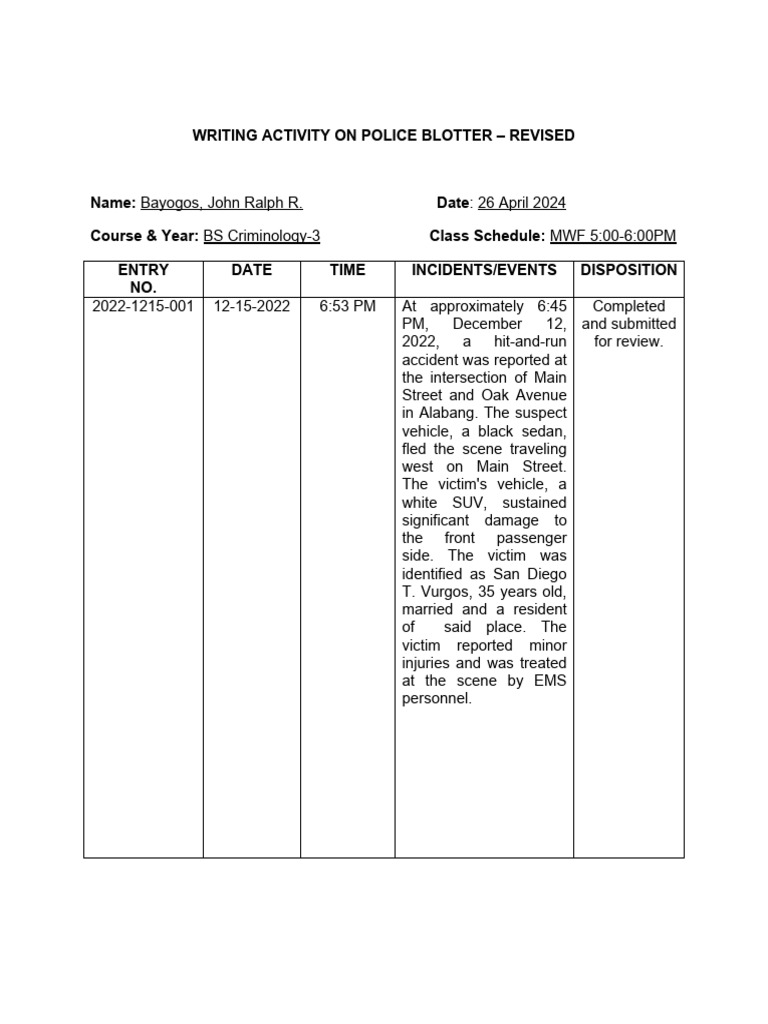 Bayogos Police Blotter Report | PDF
