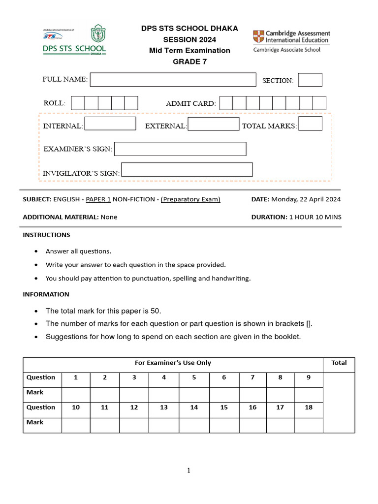 G7 - English - Paper 1 - Preparatory Exam | Download Free PDF | Writing