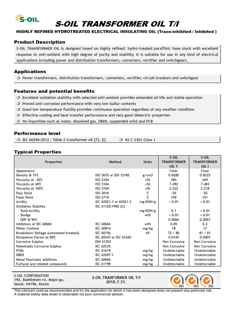 S-Oil+transformer+oil TDS | PDF | Chemistry | Chemical Substances