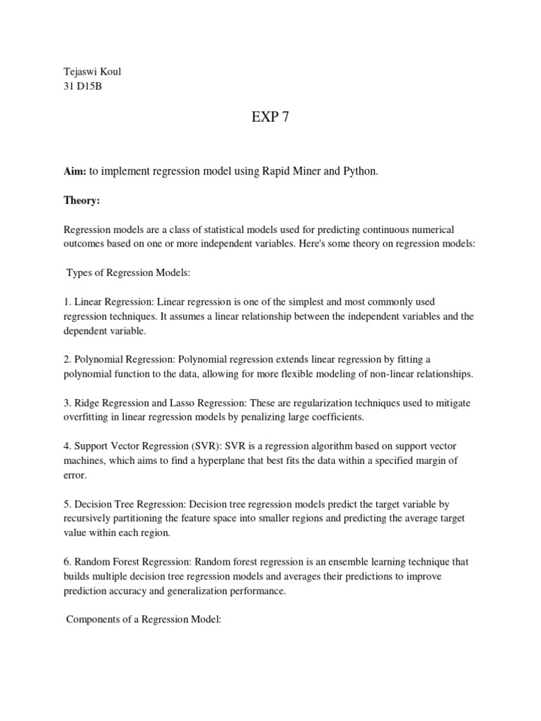 Dmbi - Exp7 | PDF | Linear Regression | Errors And Residuals