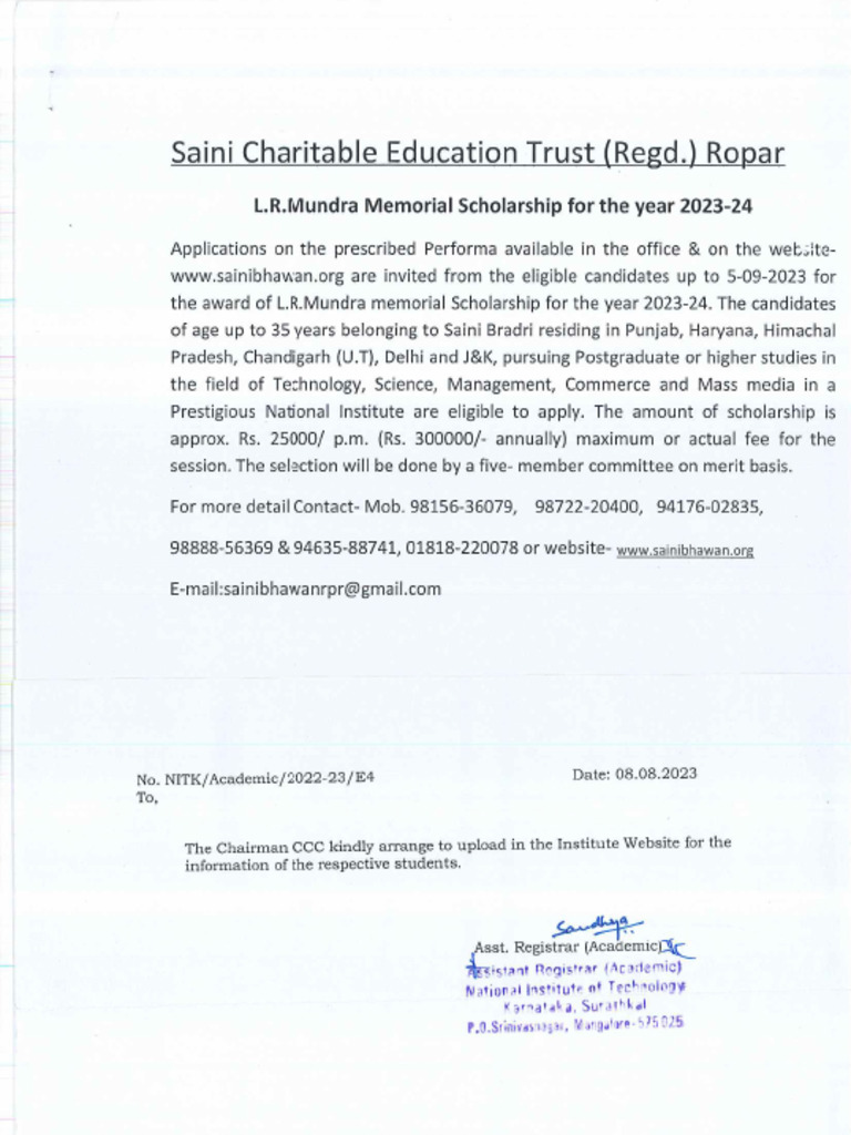 Saini Charitable Education Trust Scholarship | PDF