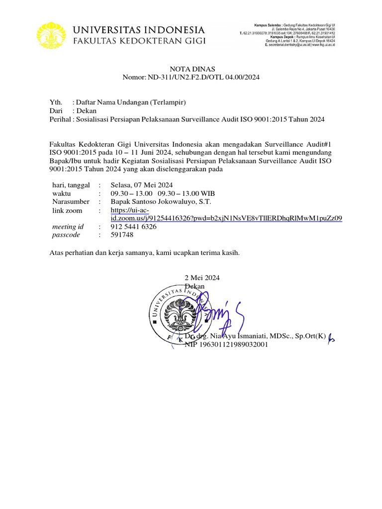 ND-311 Undangan Sosialisasi Persiapan Pelaksanaan Surveillance Audit ISO 2024 | PDF