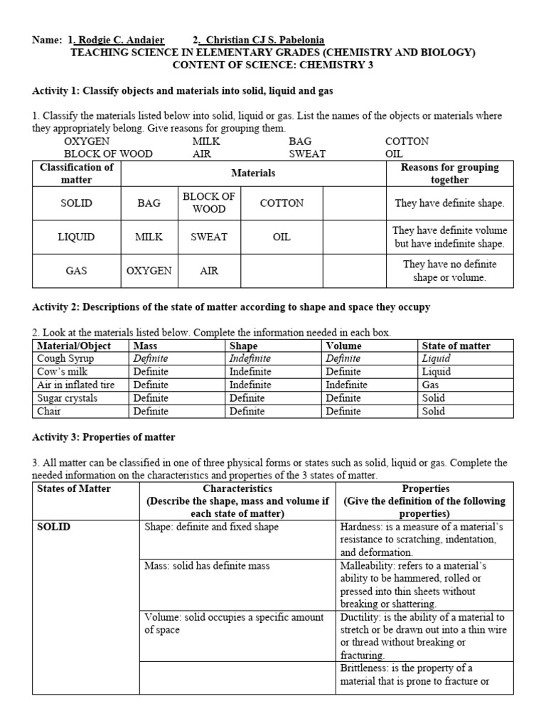 Chemistry 3 Activity 1 | PDF | Ductility | Materials