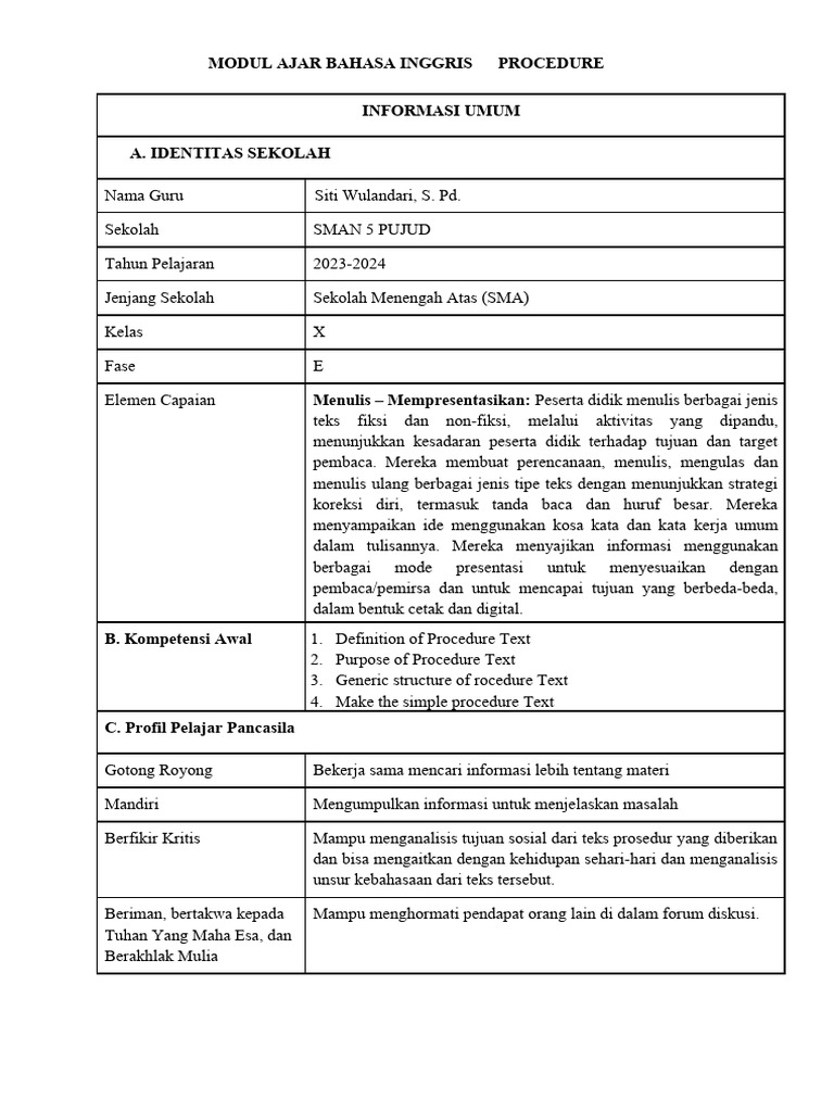 Modul Ajar Procedure Text SMA | PDF