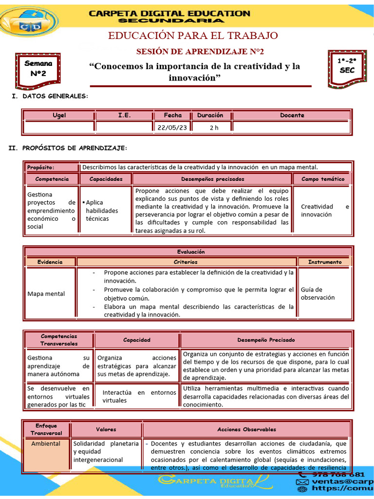 1°-2° Sesión de Aprendizaje Sesión 2-Sem.2-Exp.3-Educacion para El Trabajo | PDF | Creatividad ...