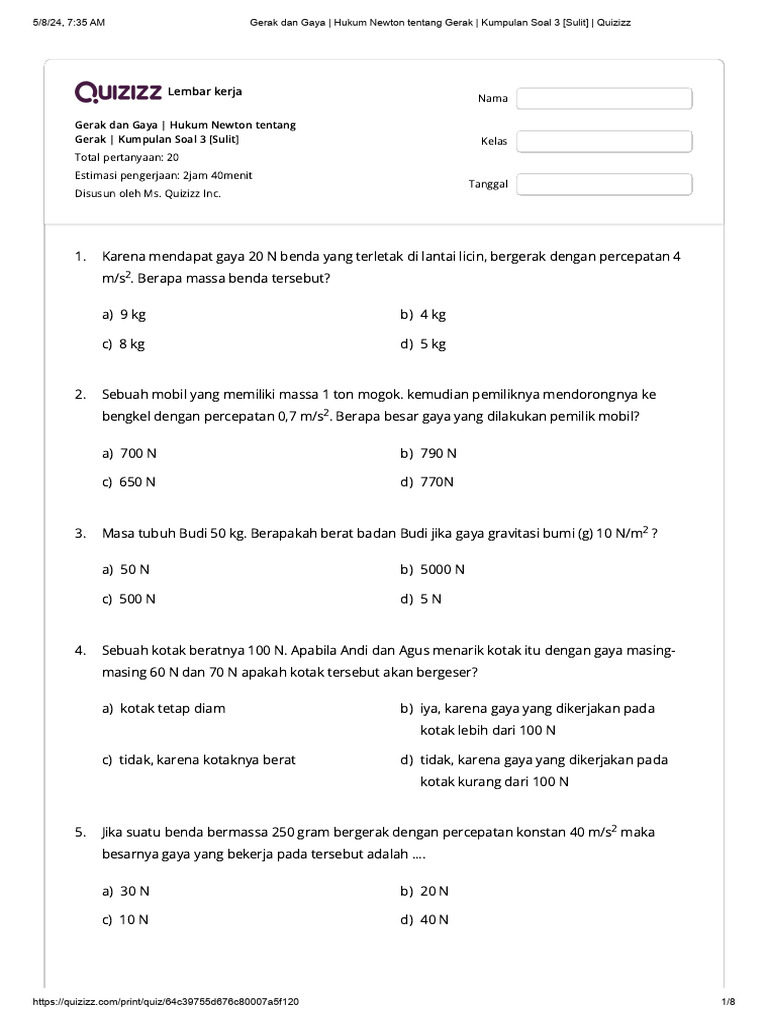 Kumpulan Soal Hukum Newton Kelas 8 | PDF | Sains & Matematika