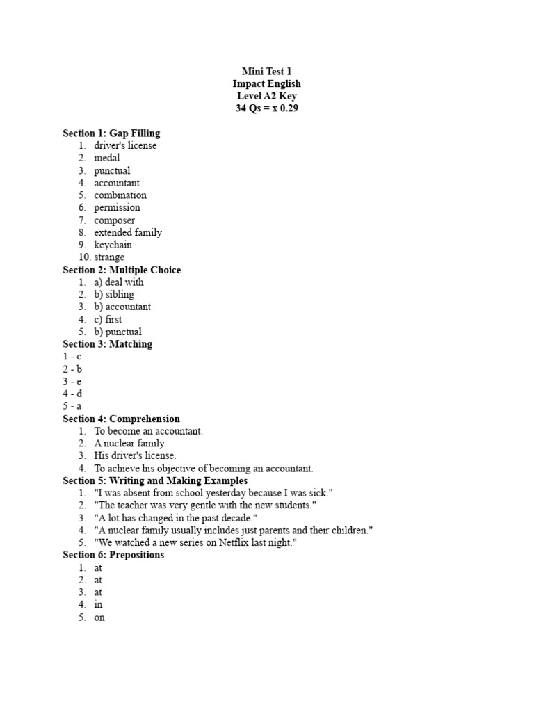 A2 Key Mini Test: English Practice | PDF | Teaching Methods & Materials