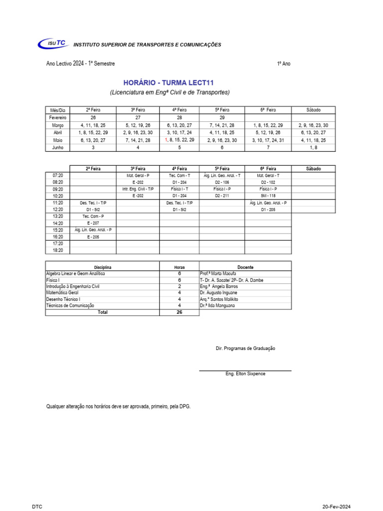 Horários-2024-1ºS-LECT-LECT11, LECT12 e LECT22 | PDF | Engenharia ...