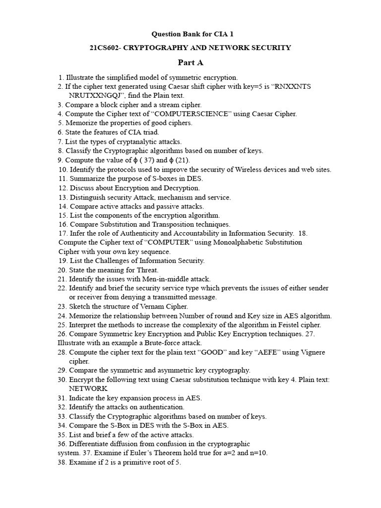 CNS Question Bank For CIA 1 | PDF | Cryptography | Encryption