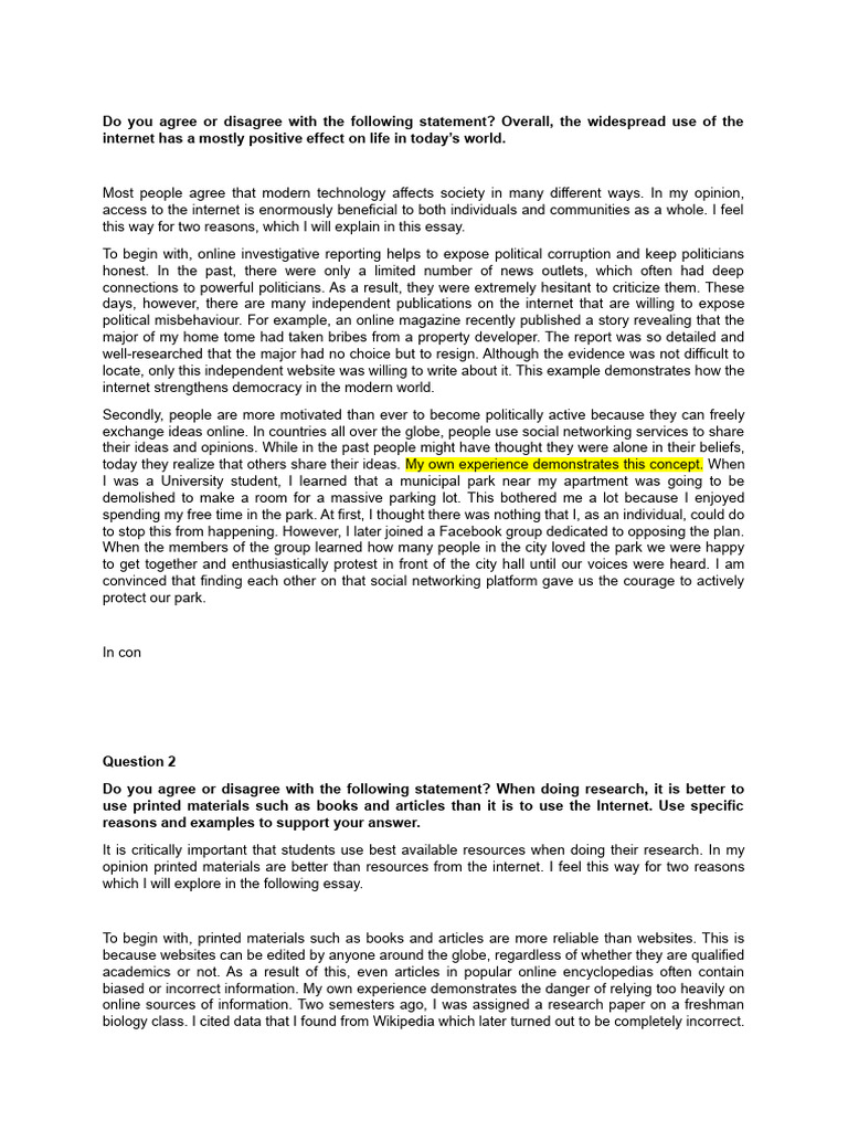 Do You Agree or Disagree With The Following Statement | PDF | Internet ...