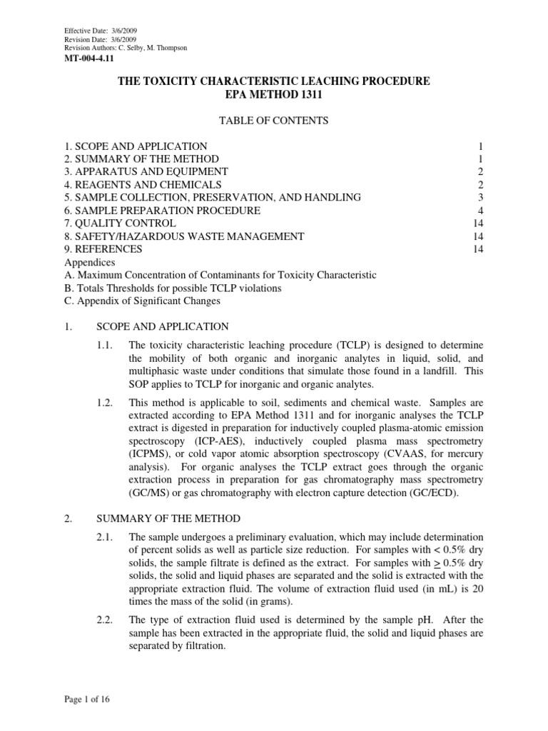 Toxicity Characteristic Leaching Procedure Thompson Pdf Filtration