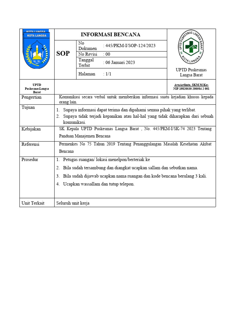Sop Informasi Bencana 2023 | PDF