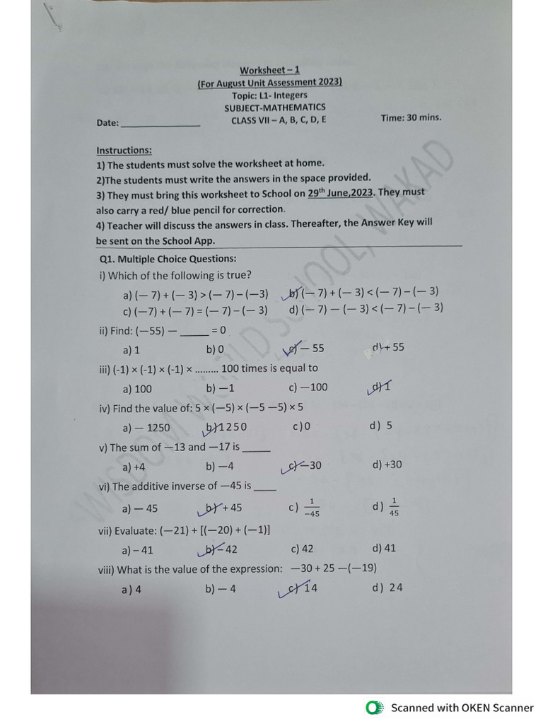 Ib4gbmrgxc - STD 7 Maths - Answer Key of Worksheet-1 | PDF