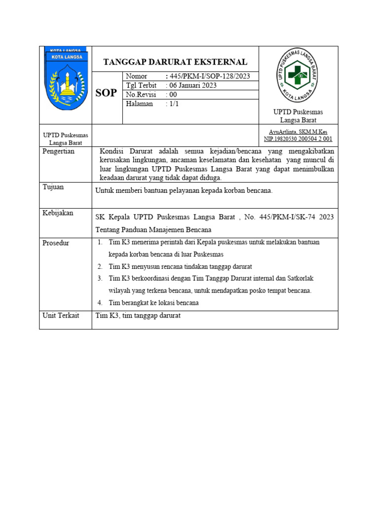 Sop Tanggap Darurat Eksternal 2023 | PDF