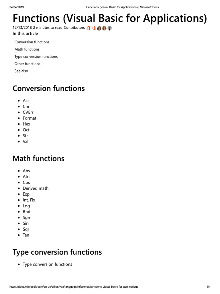 Functions (Visual Basic For Applications) - Microsoft Docs | PDF | Microsoft