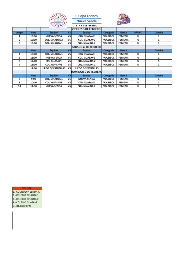 Rol Copa Leones 2023 Secu y Prepa Bueno | PDF