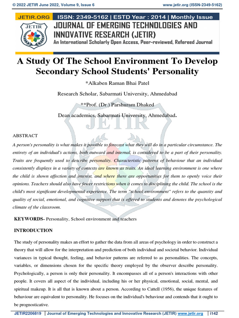 A Study of The School Environment To Develop | PDF | Psychology | Teachers