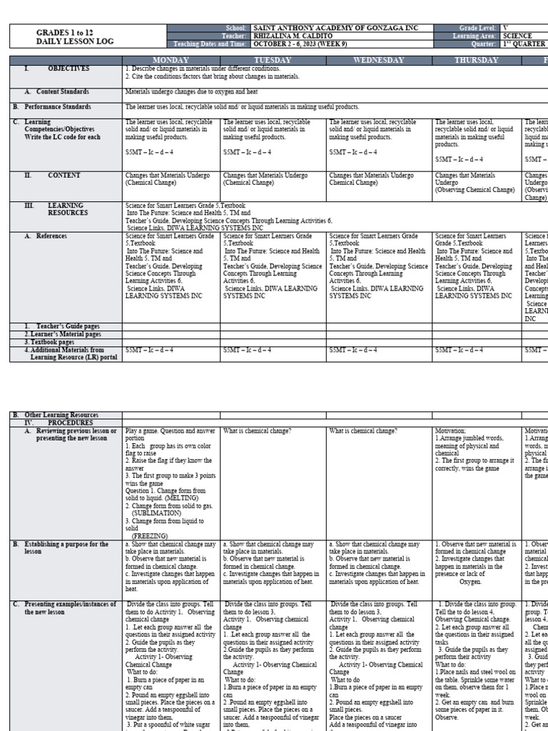 Lesson Plan Science 5 Q1 W9 Pdf Combustion Rust