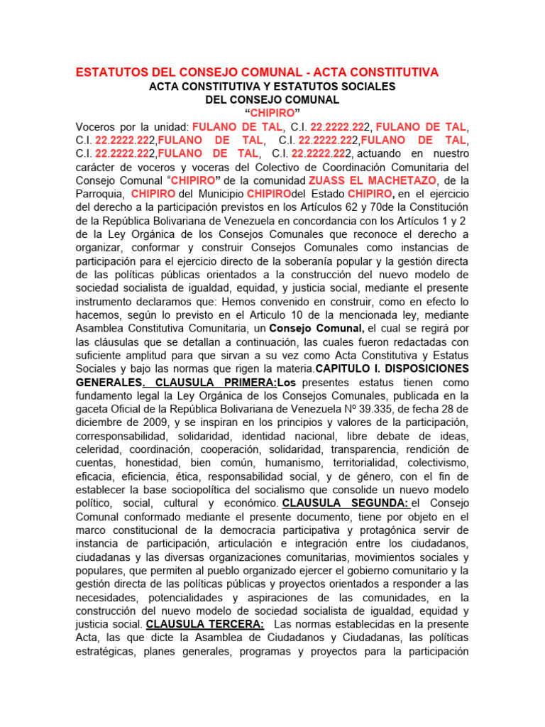 Estatutos Del Consejo Comunal | PDF | Documento de identidad | Administración Pública