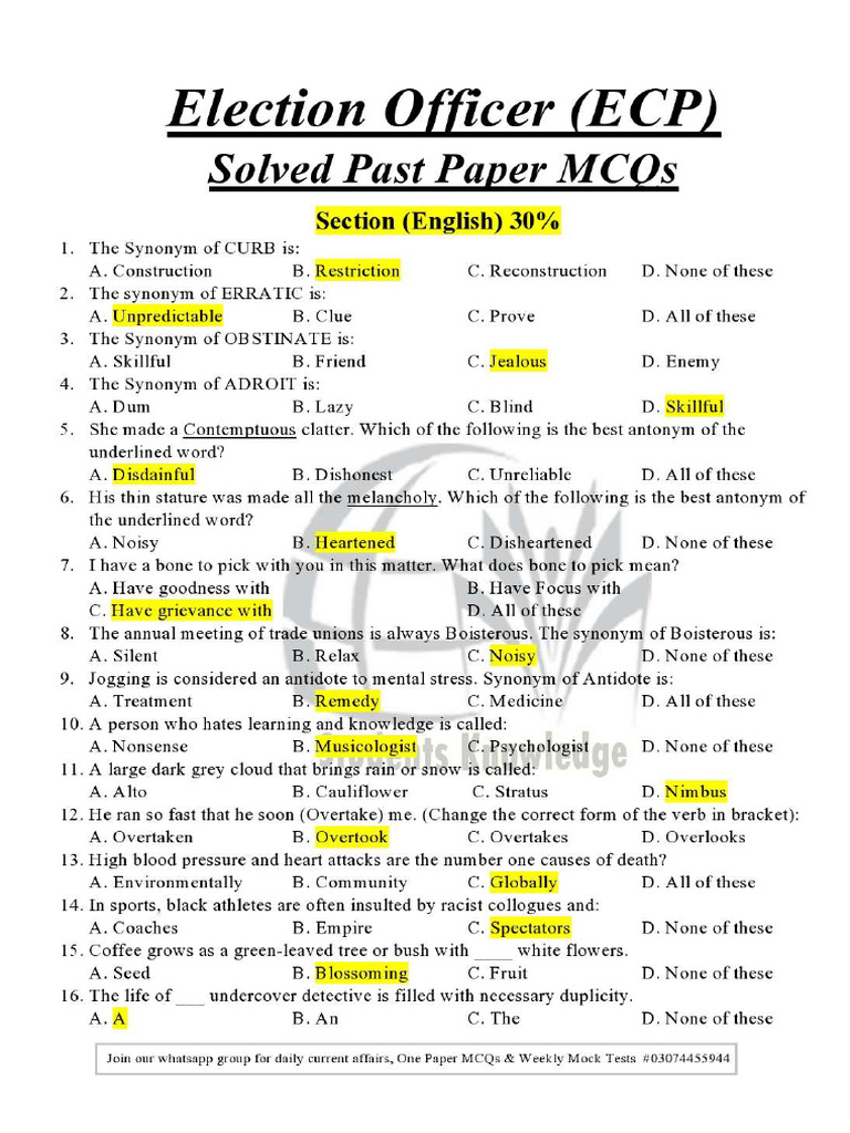 Election Officer BS-17 - Solved Past Paper | PDF
