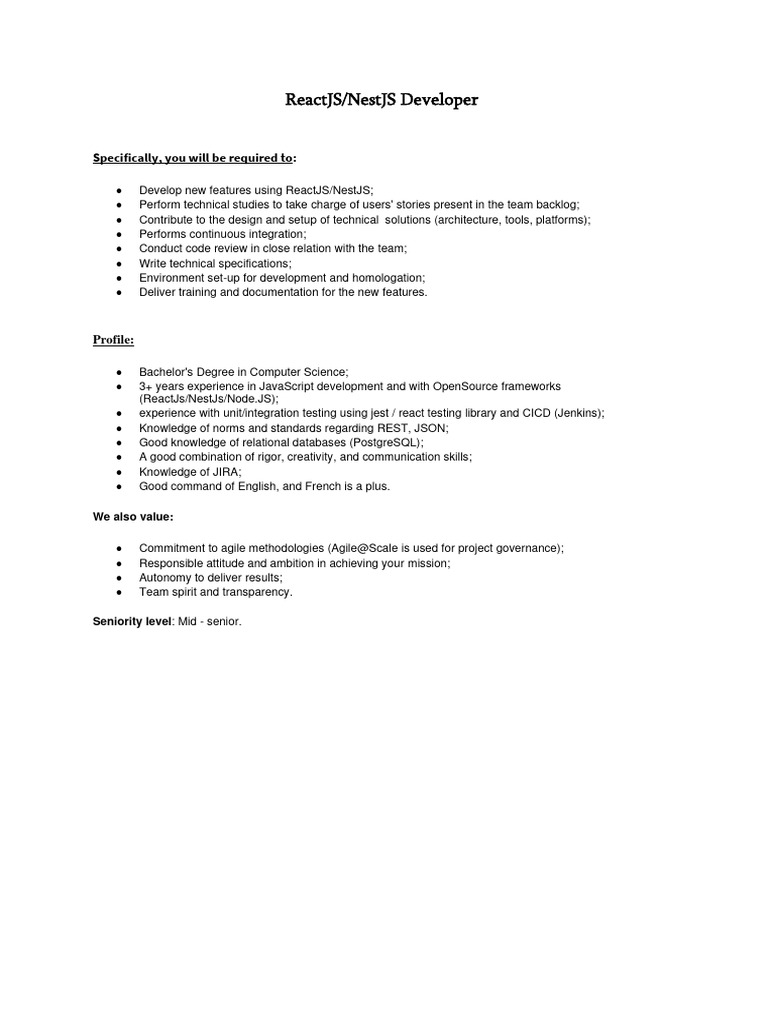 JD ReactJS - NestJS Developer - AROBS Professional Services | PDF