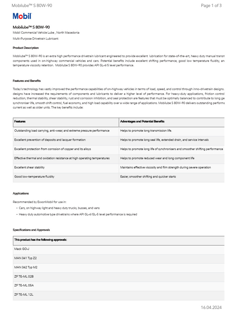 Mobilube S 80W 90 | PDF | Lubricant | Exxon Mobil