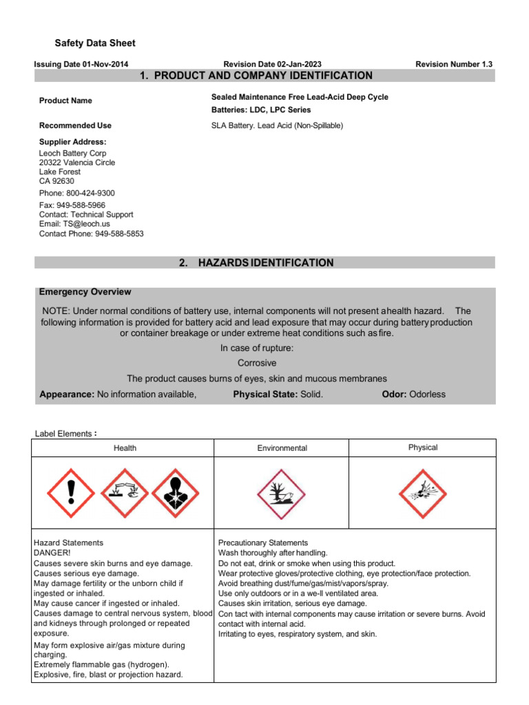 Leoch MSDS SDS Deep Cycle Agm Batteries English | PDF | Resource ...