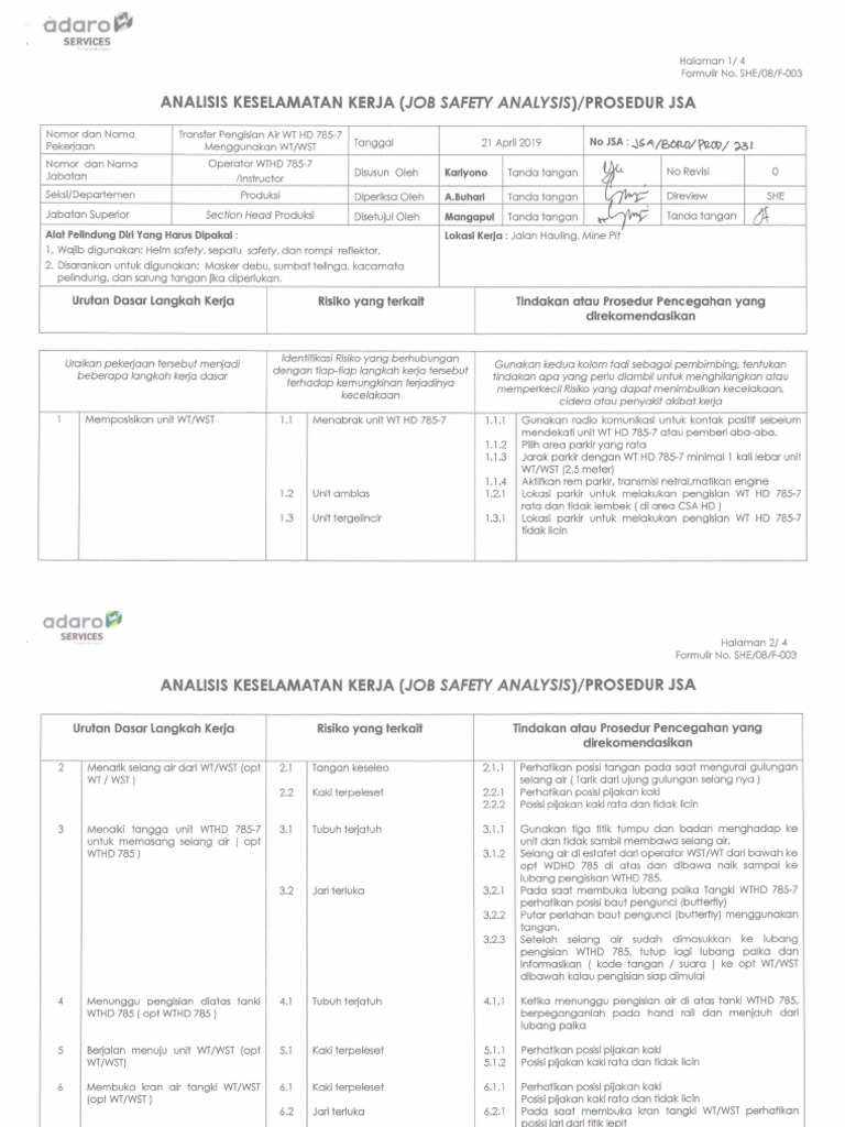 JSA Transfer Pengisian Air WT HD785-7 Menggunakan WT atau WST | PDF