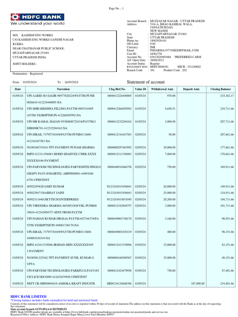 Statement of Account: Date Narration Chq./Ref - No. Value DT Withdrawal ...