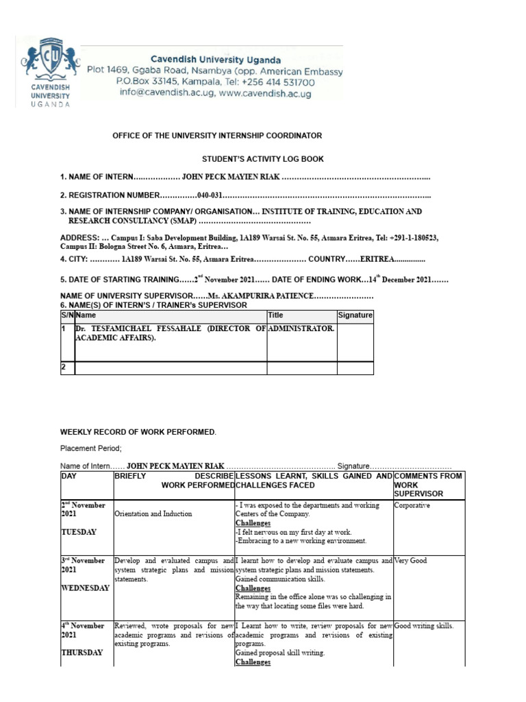 Interniship Activity Log Book | PDF | Internship | Job Hunting