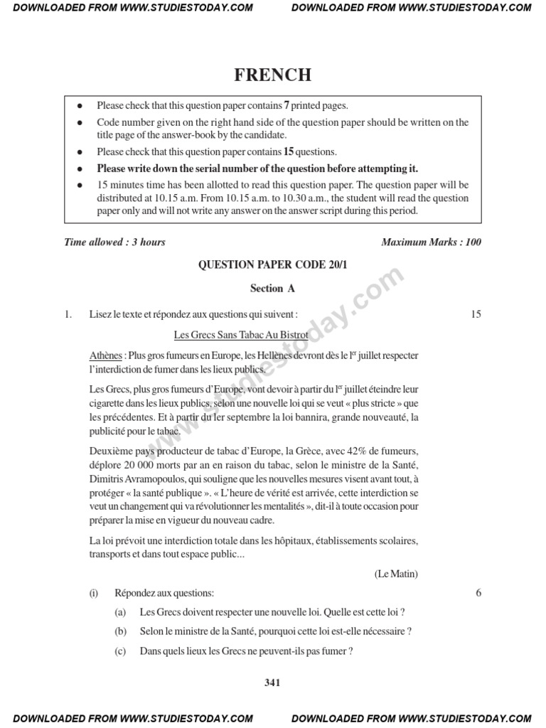 CBSE Class 10 French Sample Paper | PDF | Tabac