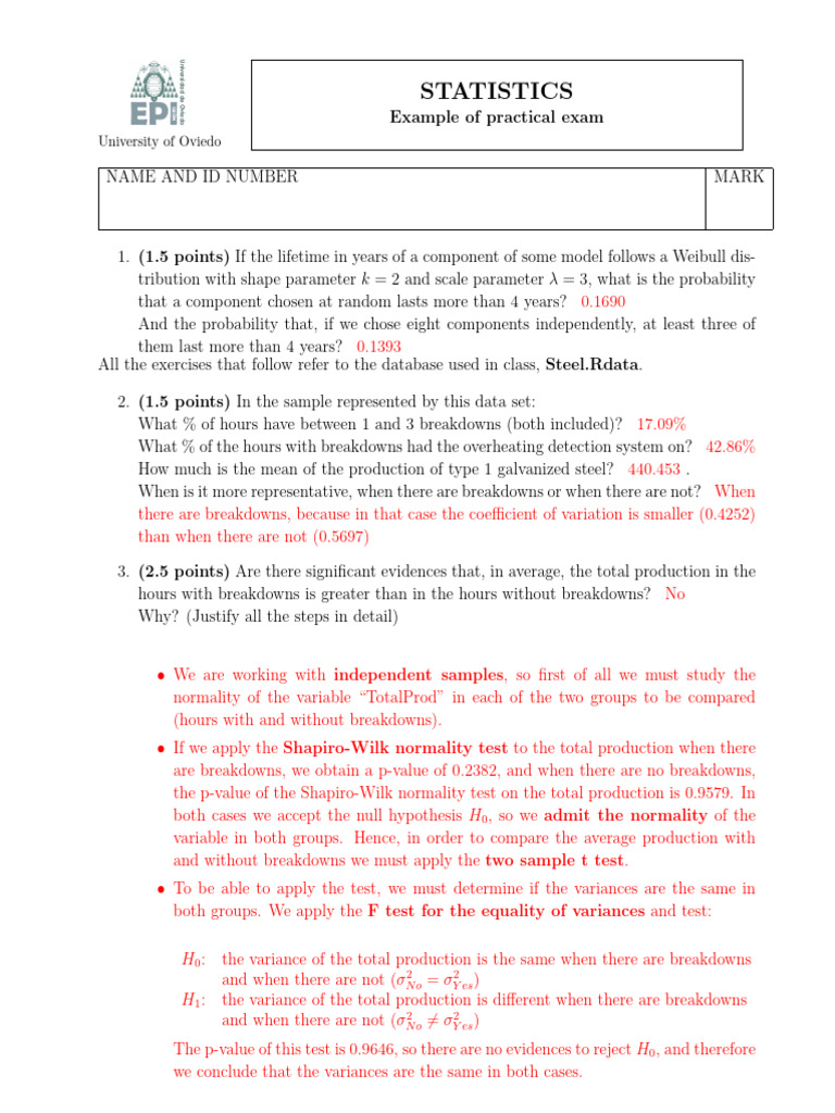 Example Practical Exam With Solutions | PDF | P Value | Statistical Theory