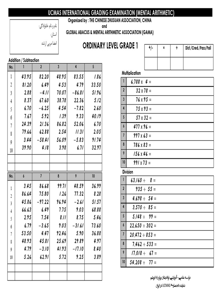Ordinary Level Grade 1: Ucmas International Grading Examination (Mental ...