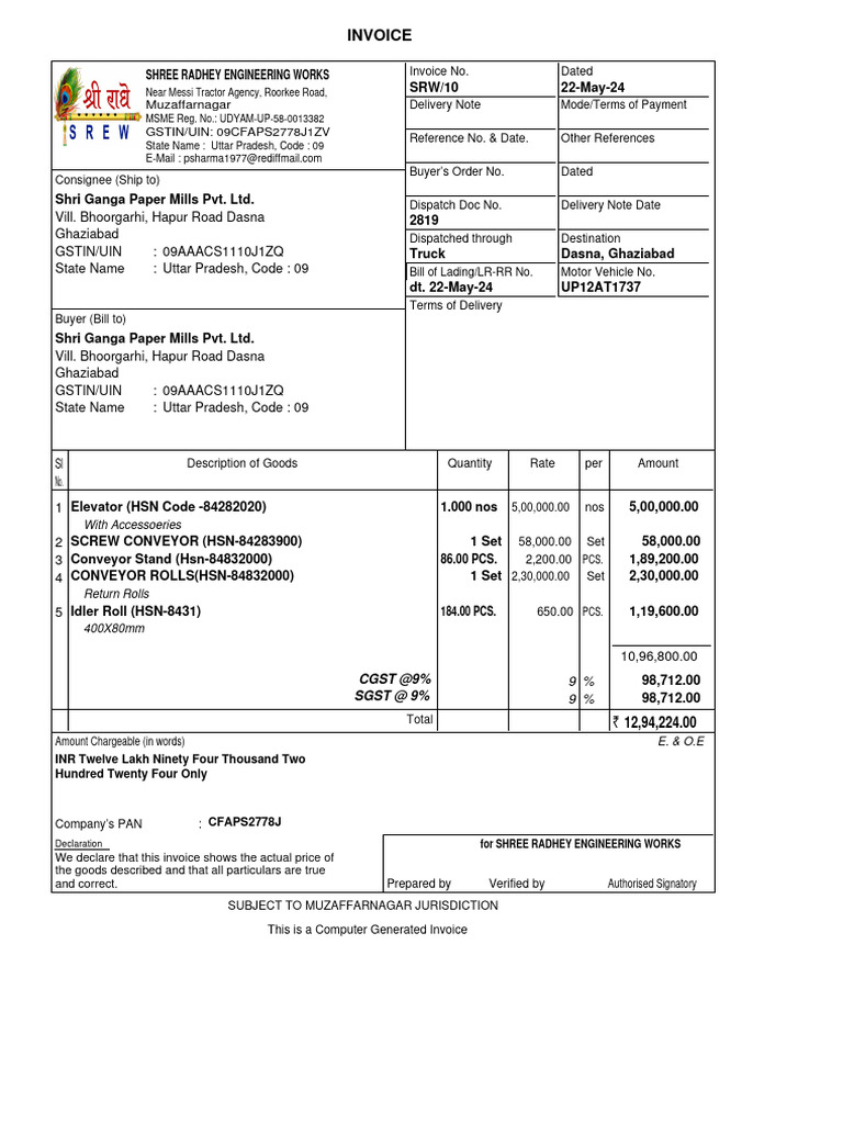 Shri Ganga Invoice | PDF | Vehicles | Transport