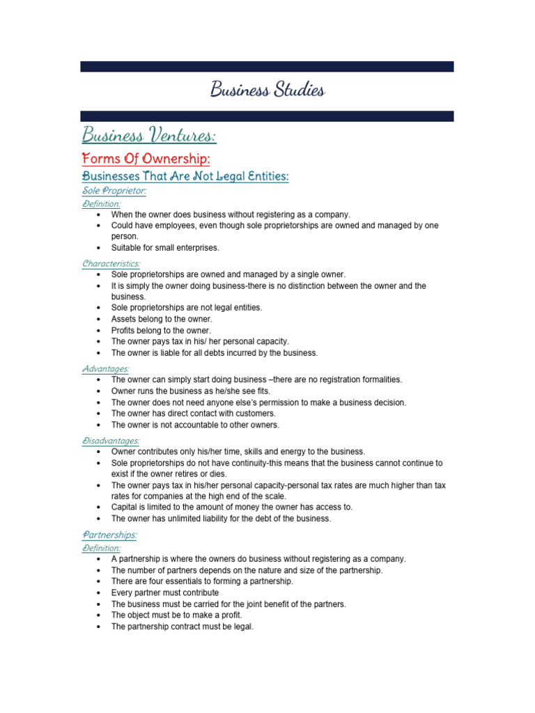 Business Studies Study Notes | PDF | Partnership | Franchising